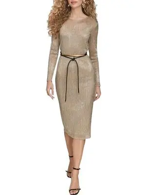 Donna Karan New York Metallic Belted Mesh Midi Dress - Gold