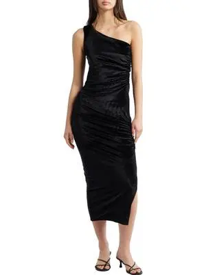 MARCELLA Kathleen Ruched One-shoulder Velvet Midi Dress - Black