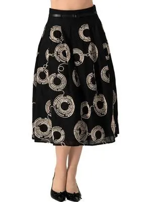IVONNE Embroidered Midi Skirt With Belt - Black