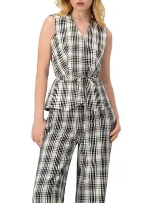 IVONNE Plaid Vest With Tie Belt - Black