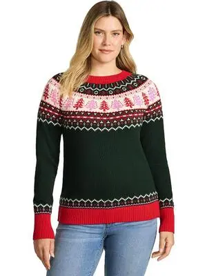 LANDS' END Drifter Jacquard Raglan Crew Neck Sweater - Trees/green And Red