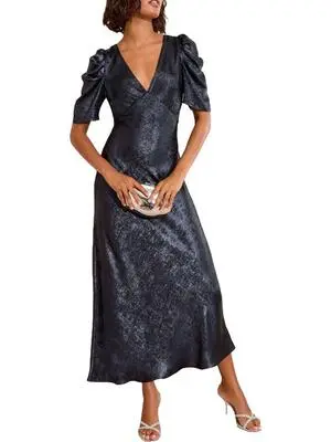FRIENDS LIKE THESE Foil Puff Sleeve Midi Cocktail Dress - Blue