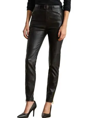 Ralph Lauren Belted High Waist Leather Ankle Pants - Black