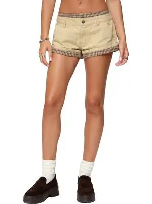 EDIKTED Boxer Detail Denim Shorts - Beige