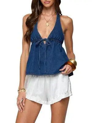 EDIKTED Safia Denim Halter Top - Blue