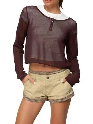 EDIKTED Sheer Knit Henley - Brown