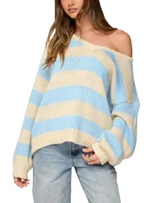 EDIKTED Oversized Striped V-neck Sweater - Light-blue