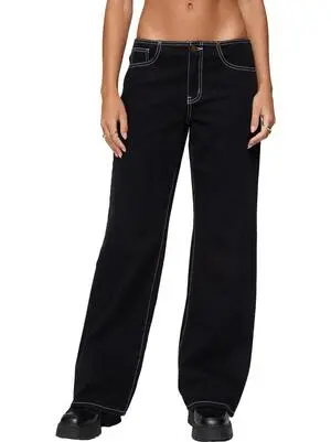 EDIKTED Contrast Stitch Low Rise Wide Leg Jeans - Black