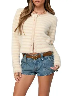 EDIKTED Aria Stripe Fuzzy Cardigan - Cream