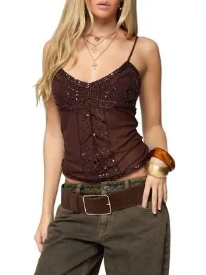 EDIKTED Azelia Beaded Mesh Camisole - Brown