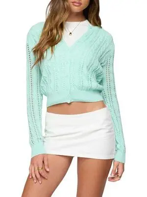 EDIKTED Haisley Cotton Cable Knit Crop Cardigan - Aqua