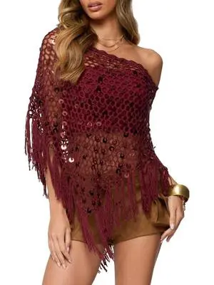 EDIKTED Open Stitch Sequin Fringe Poncho - Burgundy