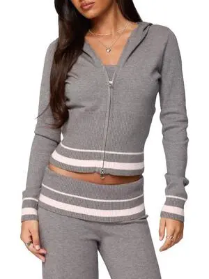 EDIKTED Kaliya Stripe Front Zip Cropped Hoodie - Gray-melange