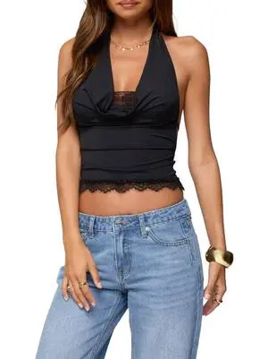 EDIKTED Lace Trim Halter Top - Black