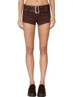 EDIKTED Studded Belt Denim Micro Shorts - Dark-brown