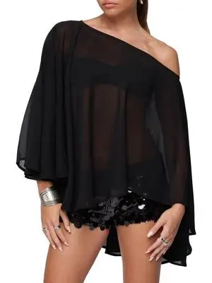 EDIKTED Sheer Chiffon One-shoulder Poncho - Black