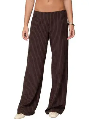 EDIKTED Wide Leg Pinstripe Trousers - Dark-brown