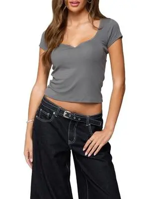 EDIKTED Ettalie Notched Neck Crop T-shirt - Dark-gray