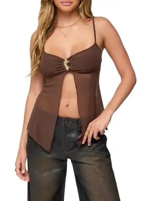 EDIKTED Sheer Mesh Top With Split Front - Brown