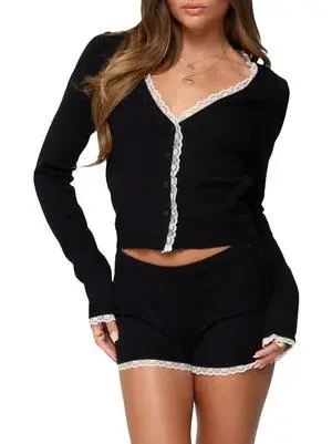 EDIKTED Lace Edge Cropped Cardigan - Black