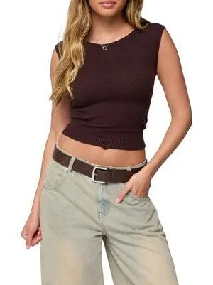 EDIKTED Jarah Pointelle Crop Top - Brown