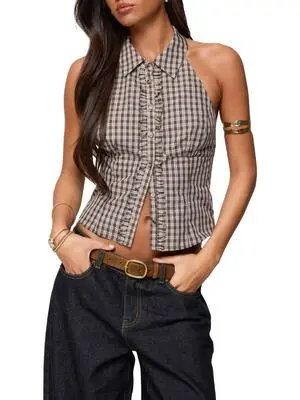 EDIKTED Imrie Ruffle Plaid Halter Top - Brown