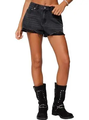 EDIKTED Mid-rise Cutoff Denim Shorts - Black