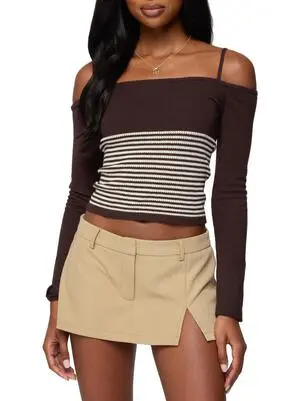 EDIKTED Striped Cold Shoulder Crop Top - Brown