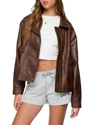 EDIKTED Ardella Oversized Faux Leather Jacket - Brown