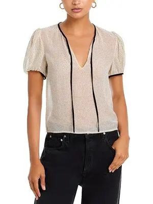 FRAME The Silk Tie Puff Sleeve Top - Ecru Multi