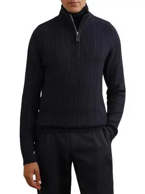 REISS Loxley Quarter Zip Cable Knit Sweater - Navy