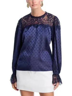Aqua Polka Dot Lace Long Sleeve Top - Navy