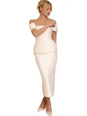 SIX STORIES Gathered Bardot Peplum Midi Dress - Ivory