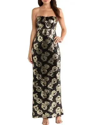CECE DUPRAZ Floral Sequin Strapless Gown - Rich Black