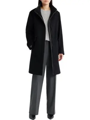 Fleurette Wool Coat With Leather Trim - Black