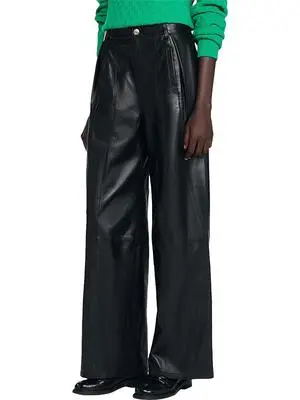 Sandro High Rise Leather Pants - Black