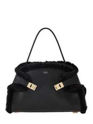 FERRAGAMO Hug Leather & Shearling Shoulder Bag - Nero