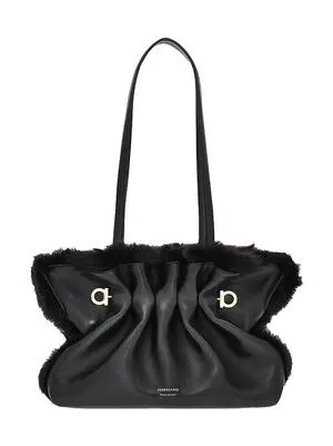 FERRAGAMO Pierced Leather & Shearling Shoulder Bag - Nero