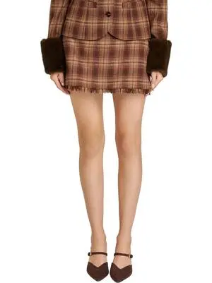 WAYF Emily Plaid Fray Mini Skirt - Brown Plaid