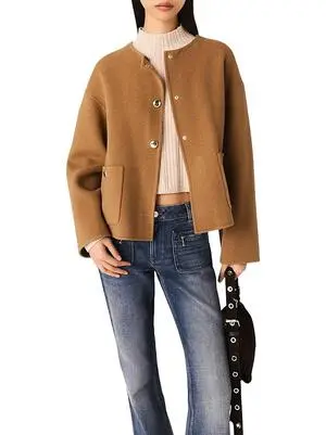 Maje Double-faced Wool Jacket With Removable Leather Collar - Camel