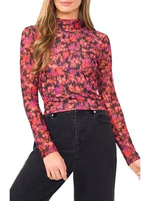 CECE DUPRAZ Floral Mesh Mock Neck Top - Pink/rich Black