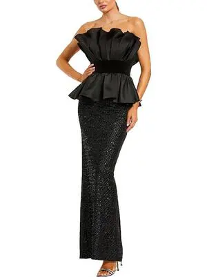 Mac Duggal Strapless Satin Peplum Gown With Sequin Skirt - Black