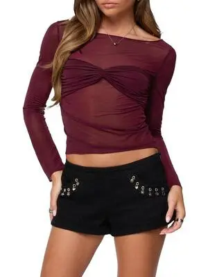 EDIKTED Oona Gathered Overlay Sheer Top - Burgundy
