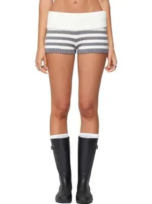 EDIKTED Striped Knit Shorts - Gray-and-white