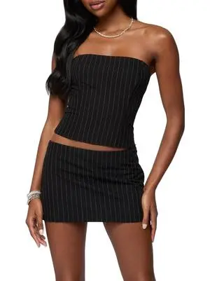EDIKTED Maeve Strapless Pinstripe Corset Top - Black