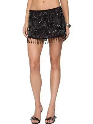 EDIKTED Embellished Beaded Sequin Fringe Miniskirt - Black