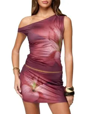 EDIKTED Floral Graphic One-shoulder Top - Burgundy