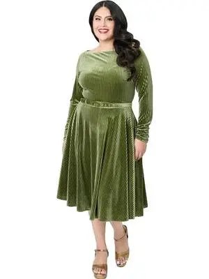 Unique Vintage Long Sleeve Devon Swing Dress - Olive Green
