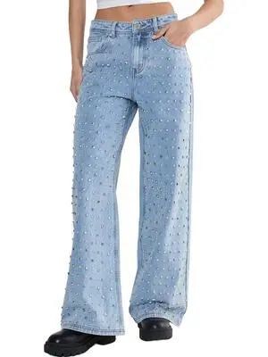 Nasty Gal Studded Straight Leg Denim Jeans - Vintage Wash