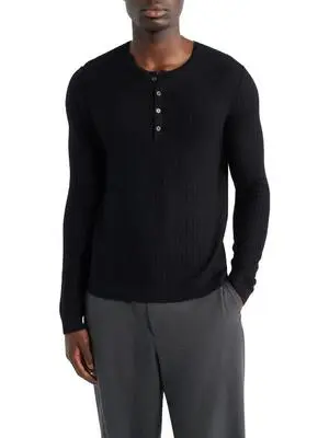 John Varvatos Albano Regular Fit Merino Wool & Silk Rib Henley - Black